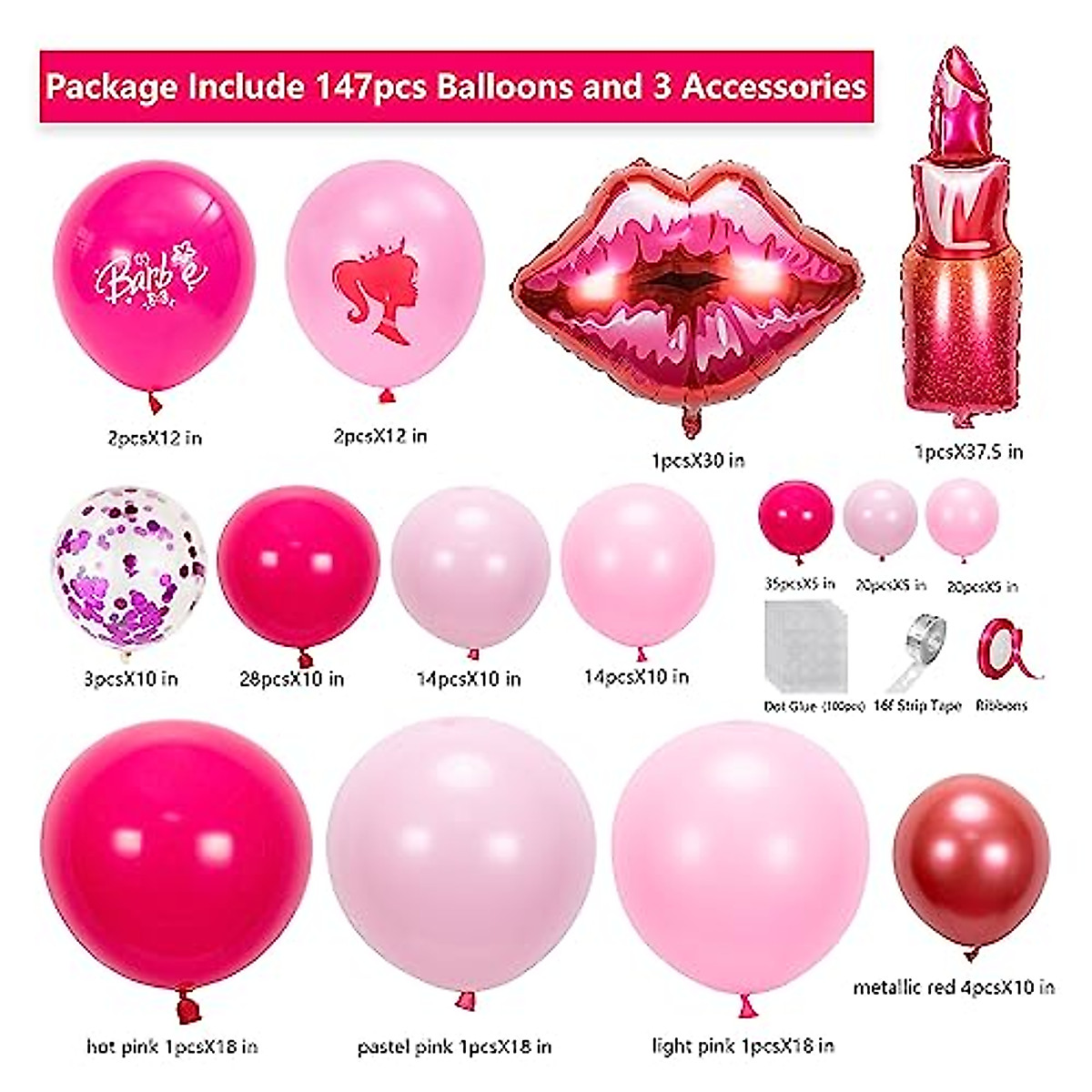 SANERYI Pink Balloon Garland Arch Kit 147pcs for Girls Birthday Party Supplies Set Red Lips and Lipstick Foil Mylar Kiss Balloons for Makeup Valentines Wedding Backdrop Decor