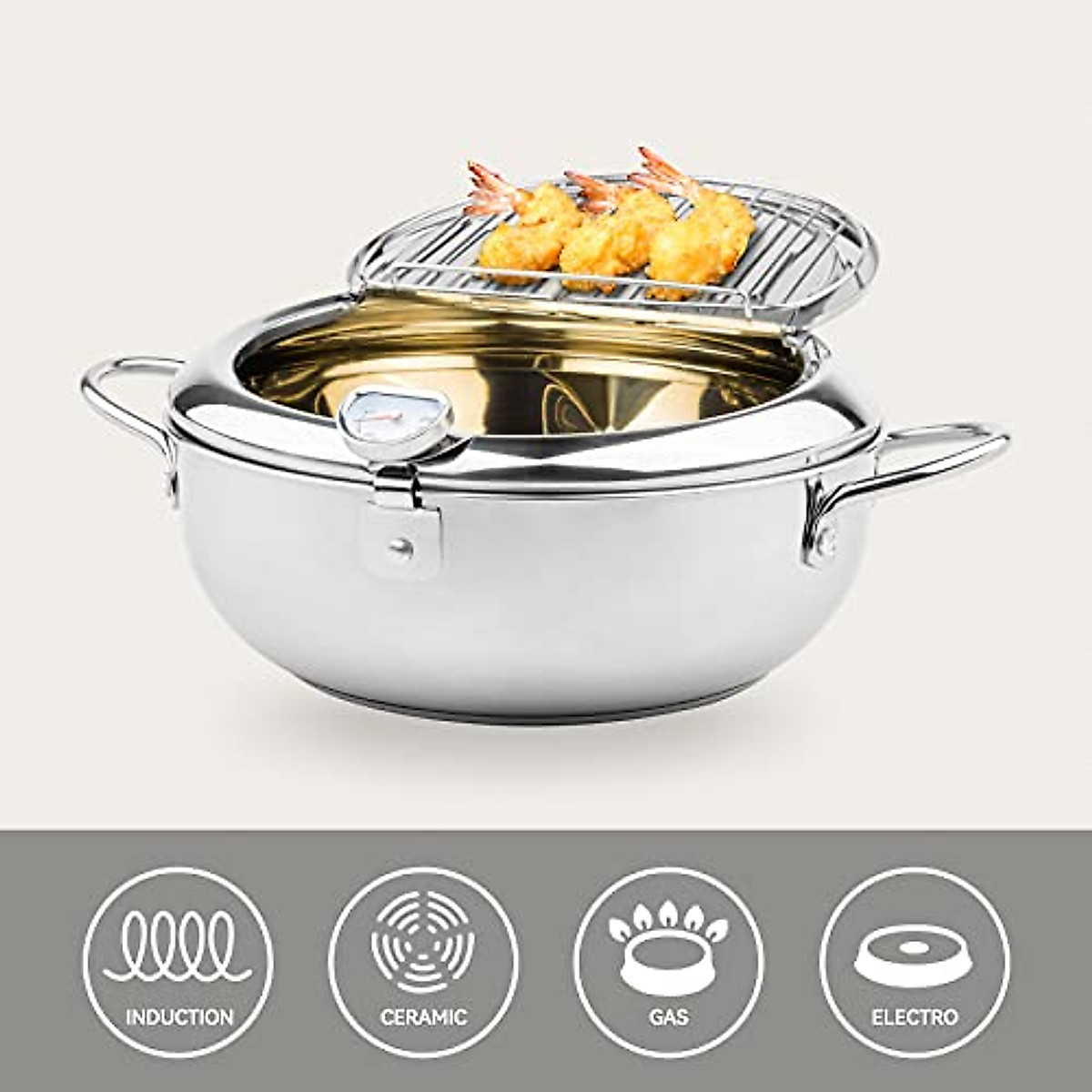 Kerilyn Deep Fryer Pot, 11 Inch/4.2 L Janpanese Style Tempura Frying Pot with Lid, 304 Stainless Steel with Temperature Control and Oil Drip Drainer Rack, for Kitchen French Fries, Chicken etc