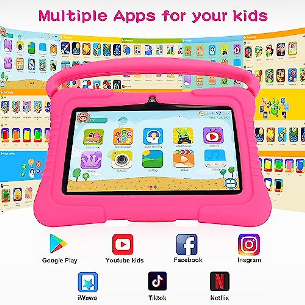 Veidoo Kids Tablet, 7 inch Android Tablet for Kids 1GB Ram 16GB Storage, Toddler Tablet with IPS Screen, Parent Control, Bluetooth, WiFi, Kid-Proof case with Kickstand, Learning, Games (Pink)