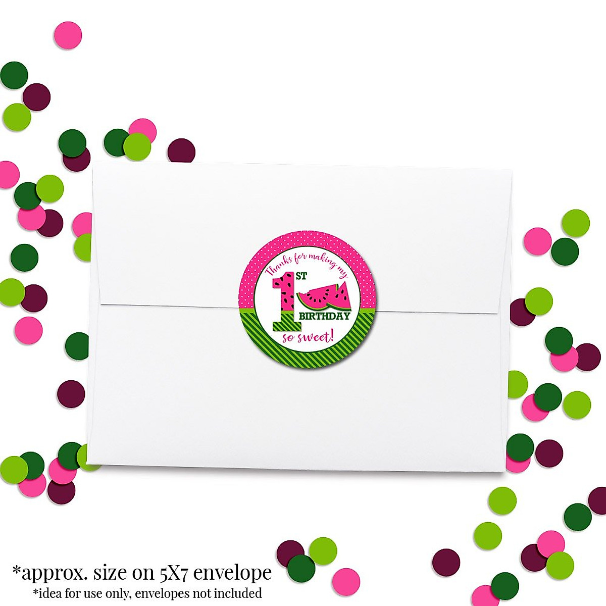 Pink Watermelon 1st Birthday Party Thank You Sticker Labels, 40 2" Party Circle Stickers by AmandaCreation, Great for Party Favors, Envelope Seals & Goodie Bags