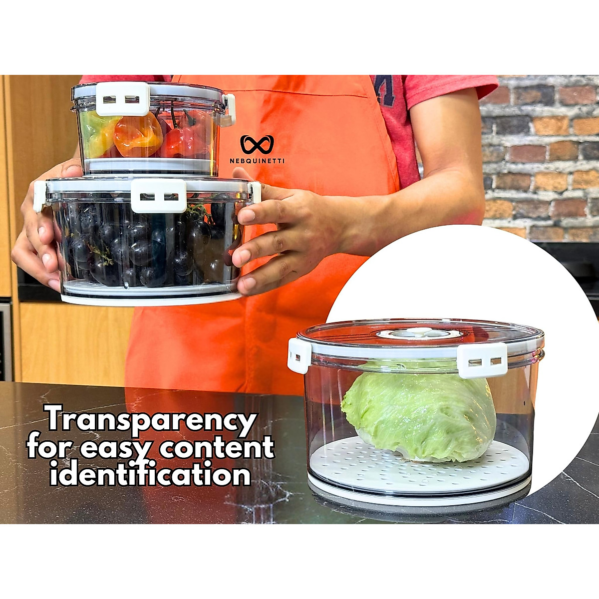 NEBQUINETTI Lettuce Keeper for Refrigerator with Lids 3-Piece Set Date Chronograph Airtight BPA-Free Removable Drain Tray and Air Vents