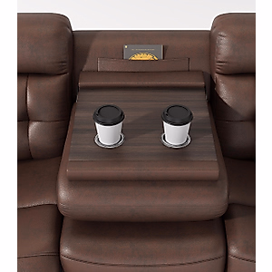 Gahowlen Genuine Leather Manual Reclining Sofa, 3-Seater Couch with Drop Down Table, Cup Holders & Magazine Bag, 3-Seat Dual Recliner Chair for Living Room Home Theater Office, Brown