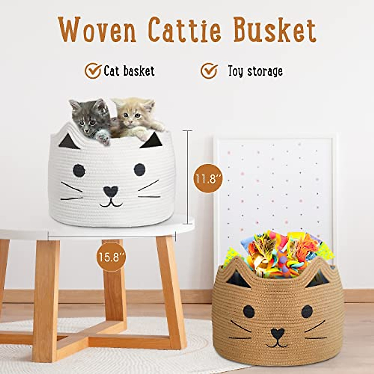 2 Pieces Large Cat Toy Basket Woven Cotton Rope Storage Basket Large Cute Cat Laundry Basket Organizer Animal Design Toy Storage Organizer Baby Hamper Cat Nursery Bins Boxes, White, Brown