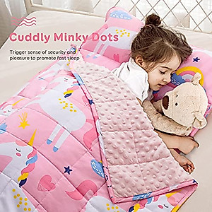 Sivio Toddler Nap Mat for Daycare, Sleeping Bag for Kids with Detachable Pillow, Weighted Blanket 3lbs for Kids Napping, Cotton Soft for Preschool Kindergarten, 50 x 20 Inches,Pink Unicorn