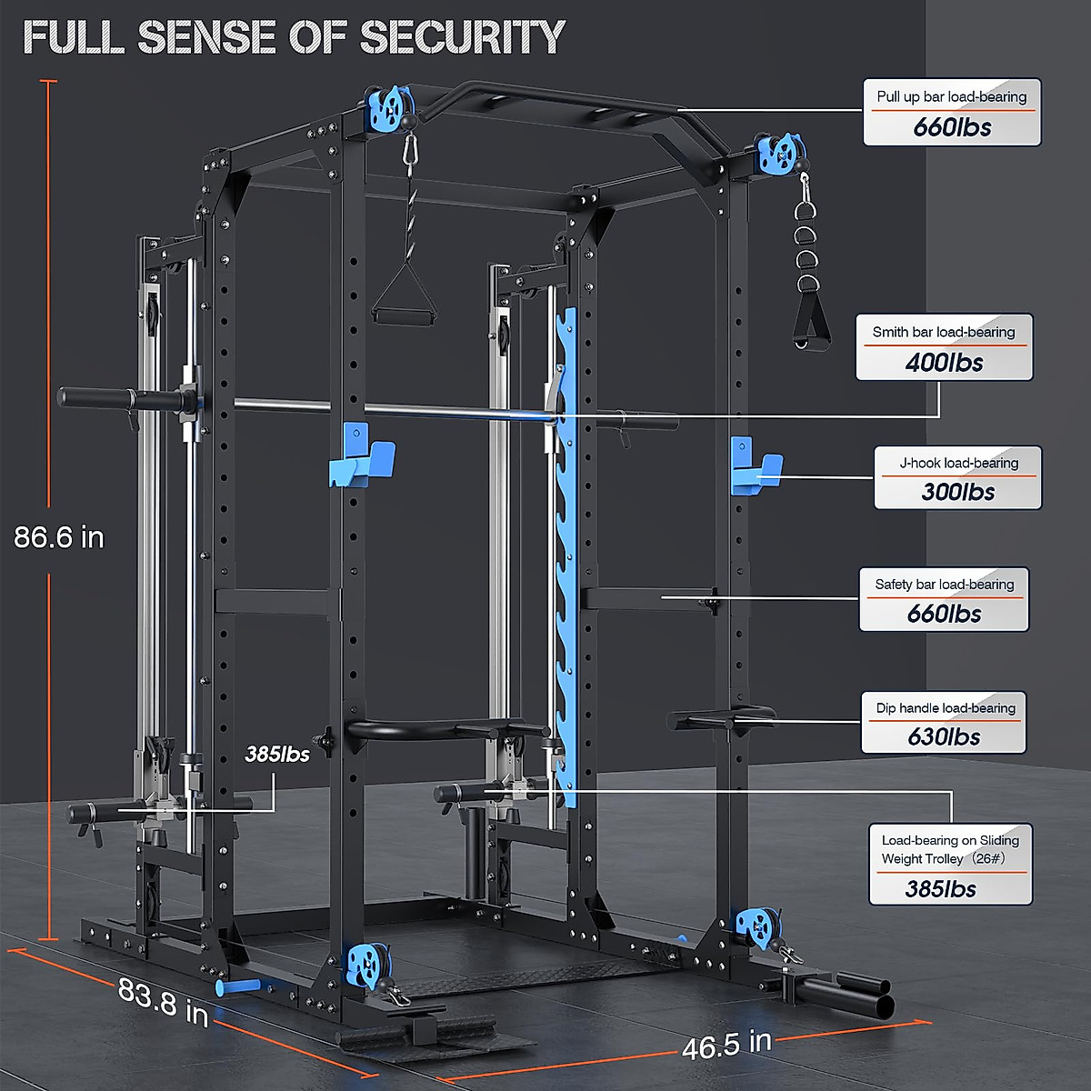 Multifunctional Power Cage Rack with Cable Crossover/Smith Machine System, LAT-Pull Down System,Squat Rack and More Training Attachments for Home Gym