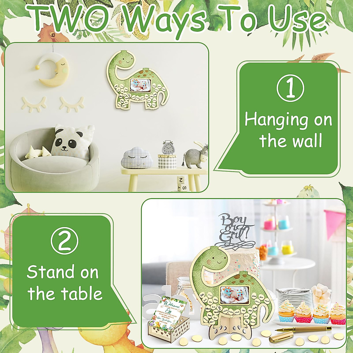 Wenqik 63 Pcs Baby Shower Guest Book Alternatives Set Baby Shower Guestbook with Photo Frame Baby Sonogram Frame Keepsake 60 Wood Slices Guest Book for Birthday(Dinosaur)