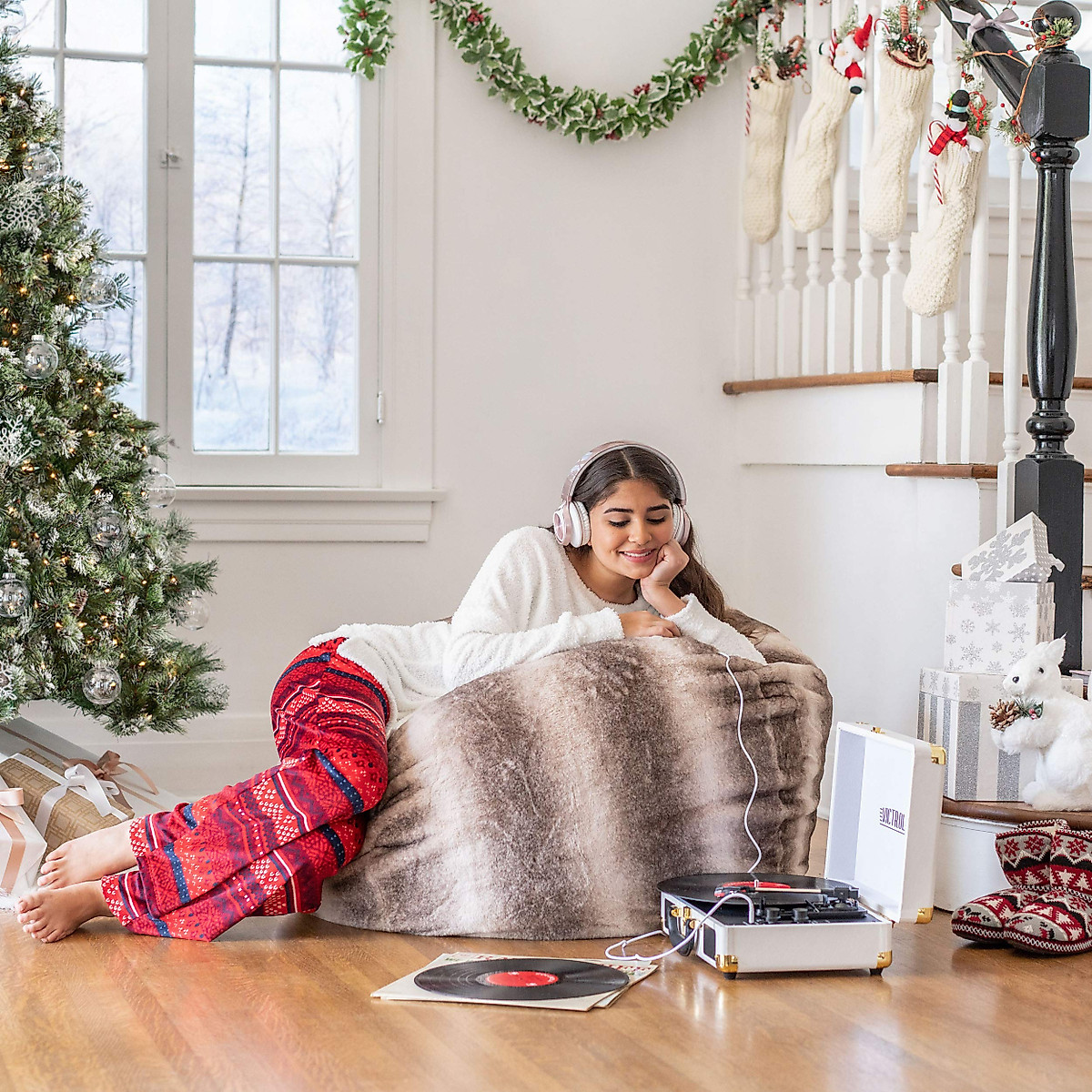 Christopher Knight Home Heavy Metal Inc Meridian Bean Bag Plush Faux Fur Chair | Comfortable and Fun Beanbag for The Whole Family| Non-Spill Memory Foam Filling (Oak Brown Stripes), Small