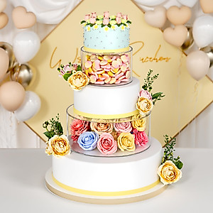2 PCS Clear Acrylic Cake Stand, FEMELI Fillable Cake Box Case Tier Holder, Cylinder Round Cake Riser Display Box with Lid, Centerpiece Cake Base with Lights for Birthday Wedding Party Decor(10*4, 6*4)