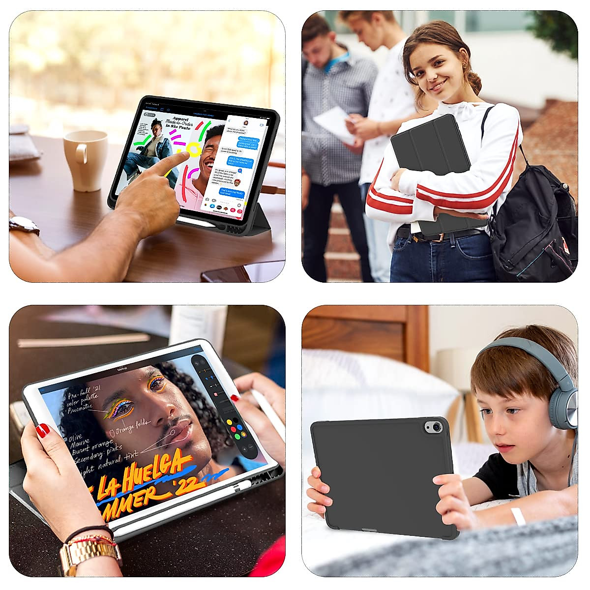 KenKe Case for iPad Air 11 Inch M2, for iPad Air 7th/6th/5th/4th Generation 2025/2024/2022/2020 10.9 Inch with Pencil Holder, Duable Cover with Soft TPU Back, Auto Wake/Sleep & Trifold Stand, Black