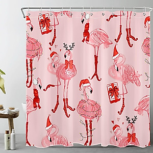 HVEST Christmas Flamingo Shower Curtain, Pink Flamingo with Xmas Hat and Stocking on Pink Background Shower Curtain for Bathroom, Fabric Shower Curtain with Hooks, 72W x 78L Inches