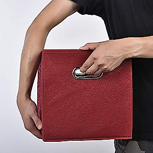 IKEBANA 11 inches Embossed Claret Red Cube Storage Bins, Foldable Fabric Storage Bins Drawers Clothes Organizer Collapsible Cube Storage Bins, Metal Handles 6 Pack