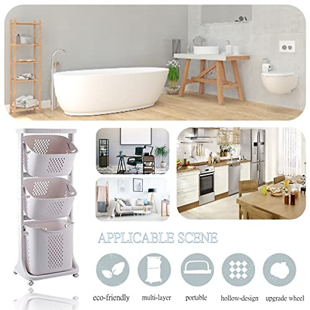 3-Layer Laundry Basket 17.32x23.99x41.73in with 1.57in Universal Wheels, Bathroom Clothes Storage Basket, Household Simple Shelf can Put Vegetables, Fruits, Spices for Bathroom, Kitchen, Living Room