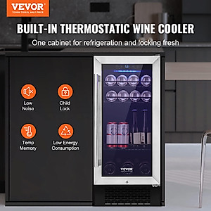 VEVOR 15” Beverage Refrigerator, 96 Cans Under Counter Built-in or Freestanding Beer Fridge, Blue LED Light, Adjustable Shelves, Child Lock, ETL