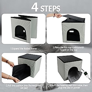 QUEARN Heated Cat House, Heating Cat Houses for Indoor Outdoor Kitty with Heating Pad, Foldable Heated Kitty House Cat Shelter for Your Pet to Stay Warm and Cozy