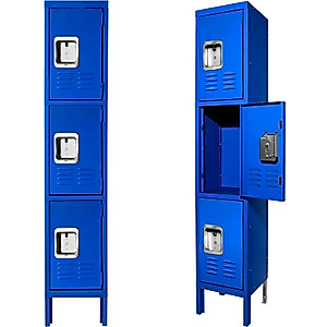 Pataku Metal Lockers for Employees, 3 Tier Storage Locker Cabinet, Steel Lockers 3 Lockable Doors for School, Gym, Office, Home(Blue, 3-Tier)