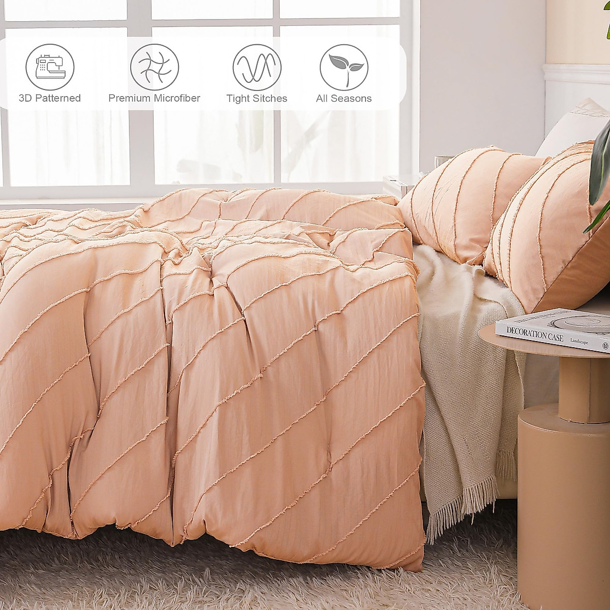 Whale Flotilla Boho Tufted Queen Comforter Set, Soft Lightweight Pink Comforter Queen Size with 2 Pillow Shams, Reversible Fluffy Shabby Chic Bedding Sets for All Seasons, 90 x90 inch