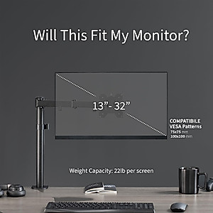 VIVO Single Monitor Arm Desk Mount, Holds Screens up to 32 inch Regular and 38 inch Ultrawide, Fully Adjustable Stand with C-Clamp and Grommet Base, VESA 75x75mm or 100x100mm, Black, STAND-V001