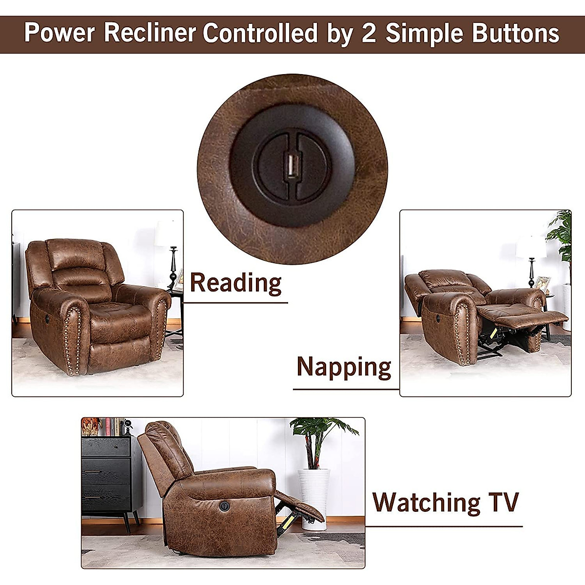 ANJ Electric Recliner Chair W/Breathable Bonded Leather, Classic Single Sofa Home Theater Recliner Seating W/USB Port (Nut Brown)