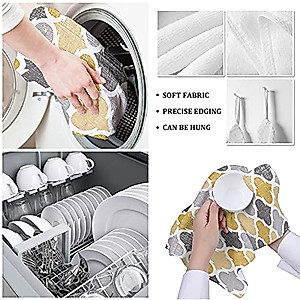 Segard Kitchen Towels Dish Towel Set of 2,Yellow Grey Moroccan Texture Absorbent Hand Towels Cleaning Dishcloth Tea Towels,Retro Linen Geometric Art Reusable Drying Dish Cloths