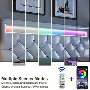 Modern Upholstered Platform Bed Frame with LED Headboard, Faux Leather Low Profile Platform Bed Frame, Strong Wood Slat Support, Adjustable Upholstered Headboard, Easy Assembly, White, Queen Size