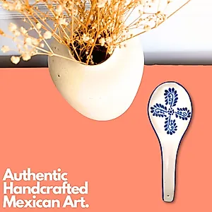 White Ceramic Spoon Rest - Hand Painted In Mexico - Handmade Talavera Kitchen Utensil Holder for Counter Stove Top - Dishwasher Safe - Mexican Style - Porta Cucharas Colonial White