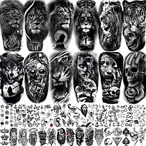 JOEHAPY 39 Sheets 3D Forarm Black Realistic Wolf Tiger Lion Temporary Tattoos For Men Women Thigh Arm, Scary Skull Gothic Gangster Fake Tattoo Sticker Adults, Large Tribal Half Sleeve Tatoos Halloween