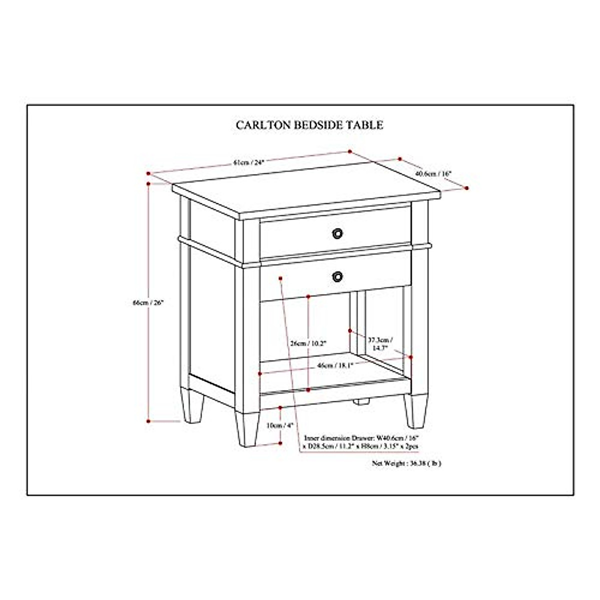 SIMPLIHOME Carlton 24 inches Wide Night Stand, Bedside table, White SOLID WOOD, Rectangle, with Storage, 2 Drawers and 1 Shelf, For the Bedroom, Transitional Modern