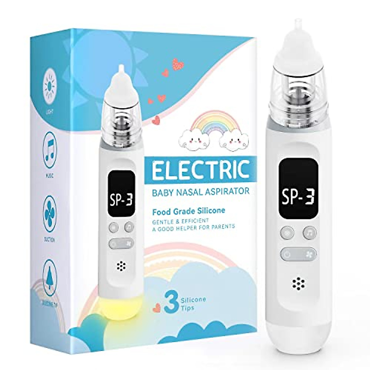 Nasal Aspirator for Baby, Electric Baby Nose Sucker with Adjustable 3 Levels Suction, Rechargeable Booger Sucker for Babies with 8 Light Modes and 3 Nursery Rhymes
