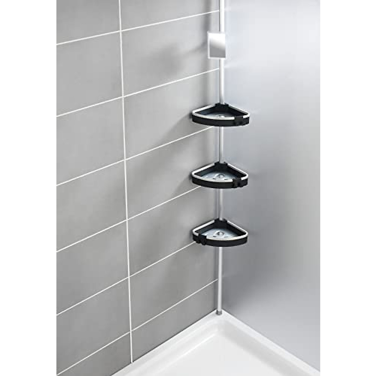 WENKO Tension Corner Shower Caddy 3 Pole and Baskets für Shampoo, Conditioner, Soap with Hooks for Razors, Towels, Blue