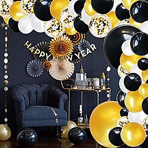 RUBFAC 192pcs Black and Gold Balloon Garland Arch Kit, Black White and Gold Balloons for Halloween Graduation Birthday Party Decorations
