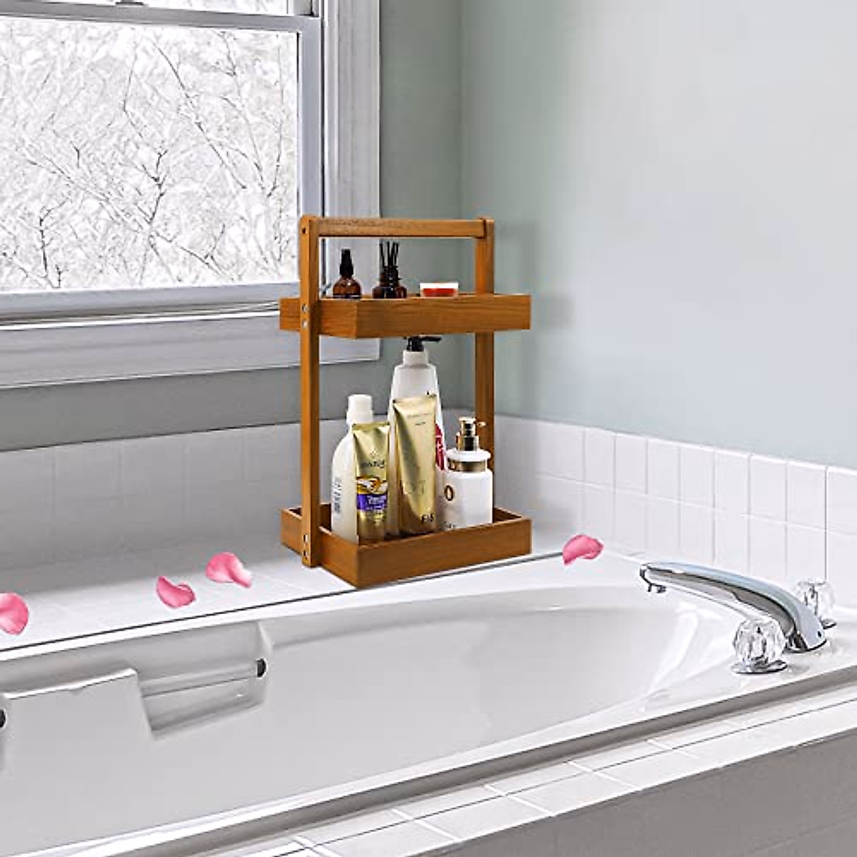 Utoplike Teak Wood Bath Mat, Wooden Shower Mat for Bathroom 24 x 16 inch Non Slip and Shower Caddy Corner, 2 Tier Bathroom Organizer Countertop Set