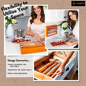 BASILEIA 3 in 1 Plastic Wrap Dispenser with Cutter - Bamboo Foil Organizer with 2 Extra Cutters & 24 Label for Cling Wrap, Aluminum Foil, Wax & Parchment Paper-Rolls up to 12"