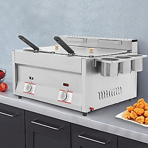 Commercial Deep Fryer, Gas Countertop Deep Fryer With Basket and Lid, Dual Tank Kitchen Fat Fryer, Use for Fry French Fries, Chicken Wings, Fish, Applied to Restaurants, Fast Food Stalls, Snack Shops