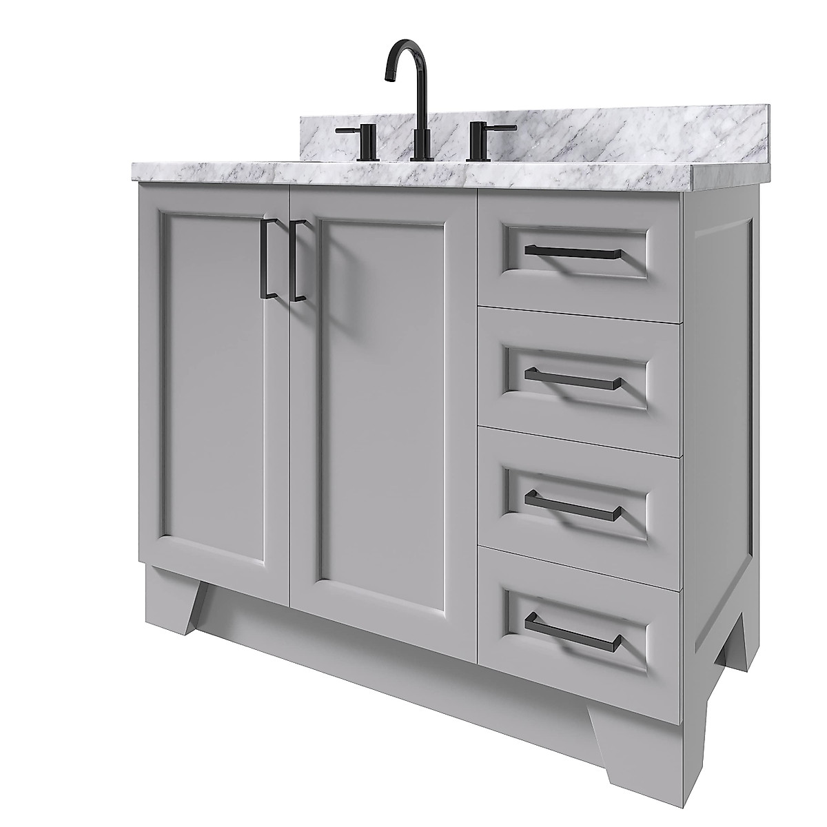 ARIEL 43" Grey Bathroom Vanity with 1.5" Edge Italian Carrara Marble Countertop & Backsplash, Left Oval Sink, 2 Soft Closing Doors, 5 Full Extension Dovetail Drawers, Toe Kick, Matte Black