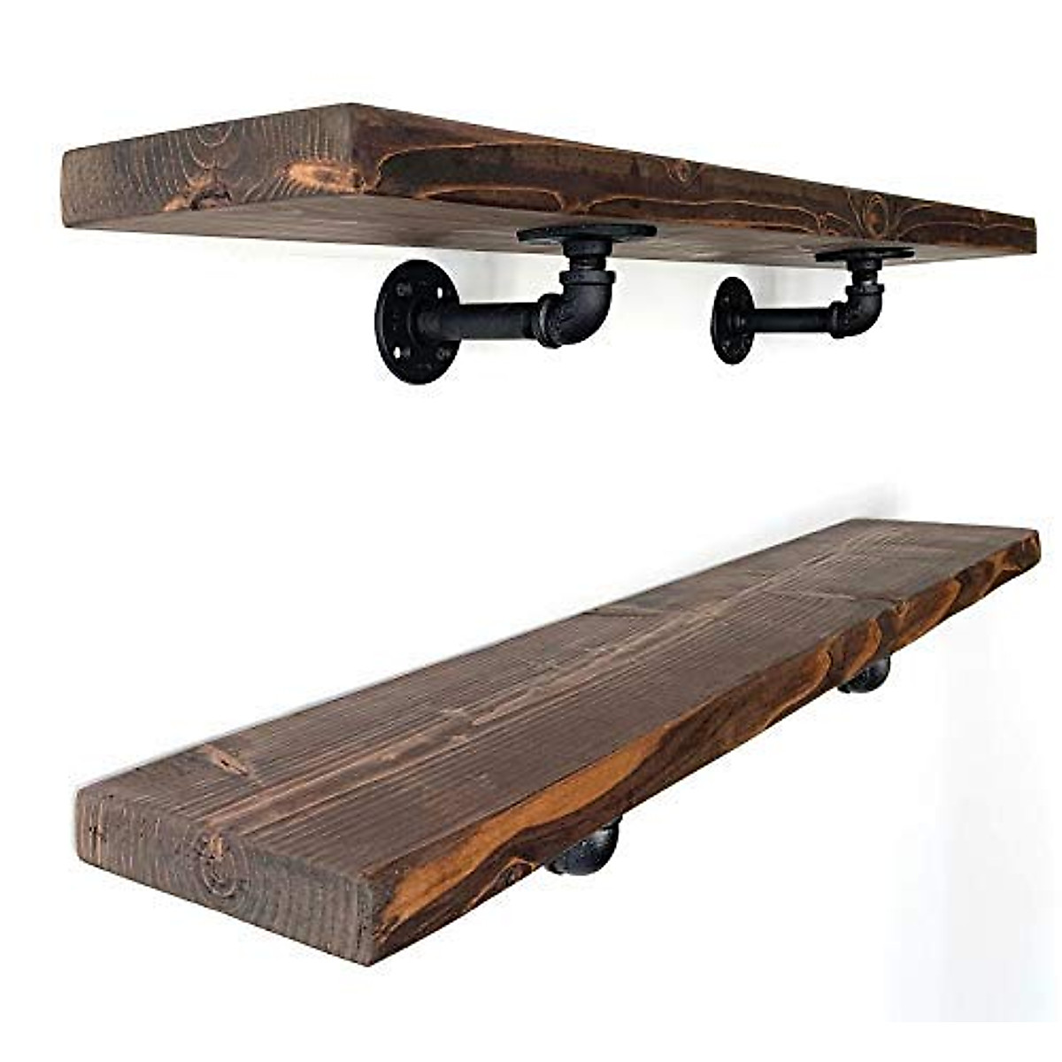 Industrial Wooden Floating Shelves - Wall Decor for Home Kitchen, Bathroom, Bedroom - Rustic Pine Custom Office Organizer with Pipe Brackets - Set of 2 - 1.5" x 7.5" x 36" - Early American