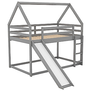 Bellemave Twin Over Twin House Bunk Bed with Slide, House Bunk Bed Kids Bunk Bed with Roof and Ladder for Kids Girls Boys (Grey)