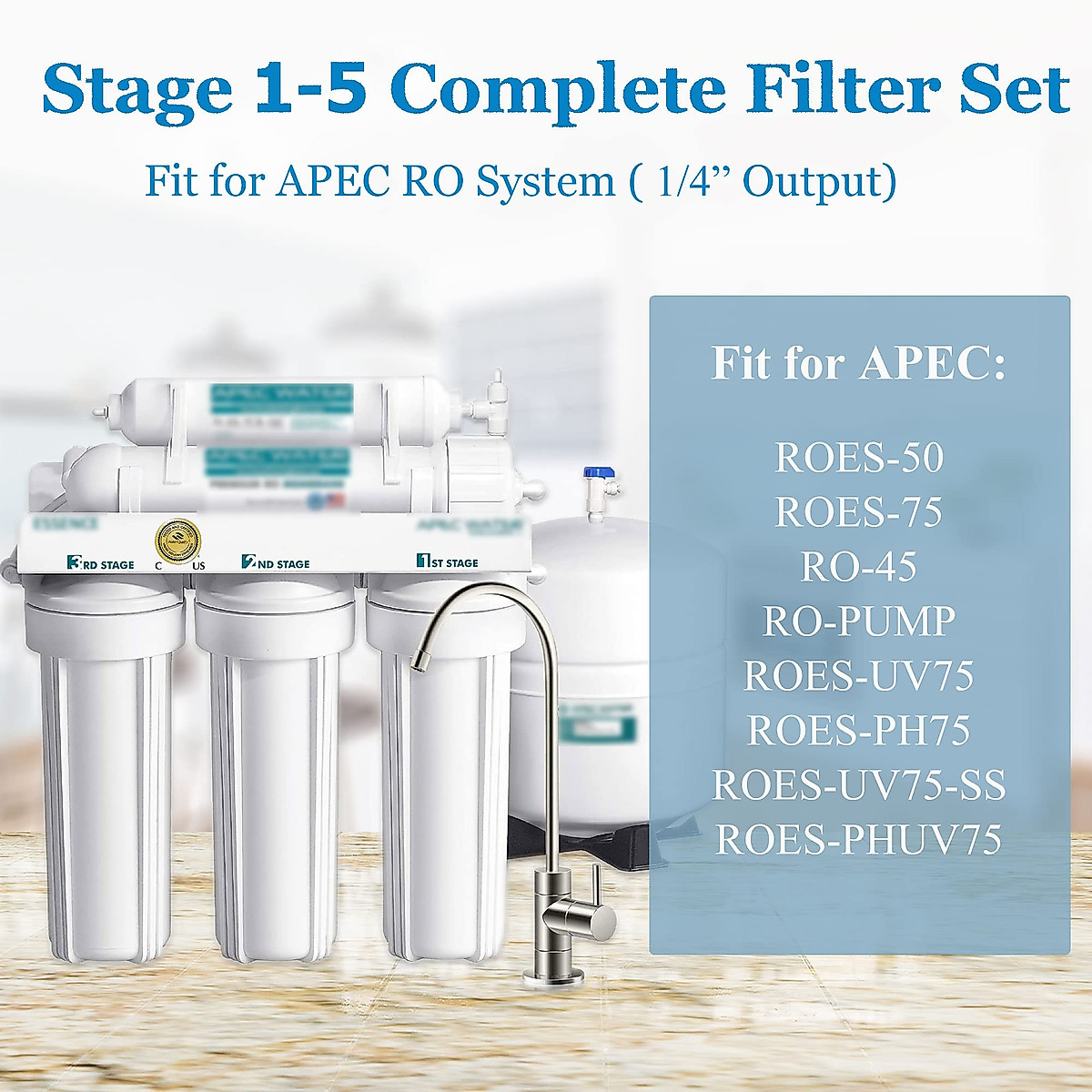 Vegebe 1-5 Stage 50 GPD RO Water Filter Set Replacement Fit for APEC Reverse Osmosis System (1/4" Output)