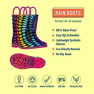 Wildkin Kids Rain Boots for Toddlers Boys & Girls, 100% Water Proof Rain Boots for Kids with Easy Slip-On Handles, Features No-Slip Tread, Ideal for All Seasons, Size 7 (Rainbow Hearts)