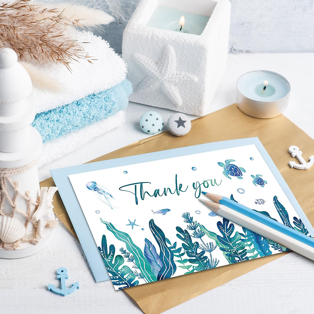 JarThenaAMCS 24 Set Under the Sea Thank You Cards with Envelopes and Stickers Blue Seaweed Sea Turtles Fish Greeting Cards for Birthday Wedding Baby Shower, 4 x 6 Inch