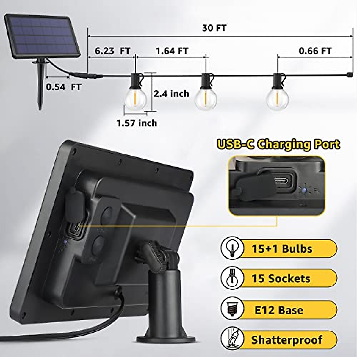 Mlambert Solar String Light Outdoor 30ft, ShatterProof Lights with 4 Modes, 15+1Bulbs, Waterproof LED Global Lights for Garden, Backyard, Porch, Black