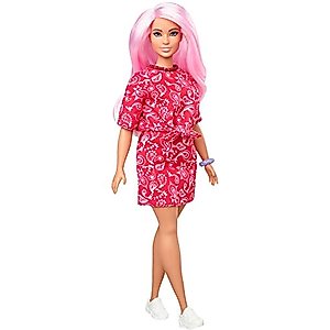 Barbie Fashionistas Doll #151 with Long Pink Hair Wearing a Red Paisley Top & Skirt, White Sneakers & Scrunchie Bracelet, Toy for Kids 3 to 8 Years Old