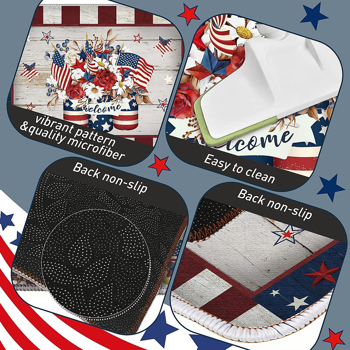 Suttmin 2 Pieces 4th of July Kitchen Rugs Patriotic Truck and Jar Mats Independence Day Rugs Memorial Day Red White Blue Floor Rug for Memorial Day Home Decor, 17 x 29 Inches, 17 x 47 Inches