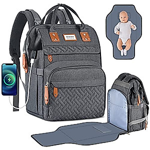 Diaper Bag Backpack, Versatile Large Travel Diaper Bag with Portable Changing Pad and USB Charging Port for Moms Dads, Waterproof Unisex Baby Bag for Boys Girls, Baby Registry Search Shower Gifts