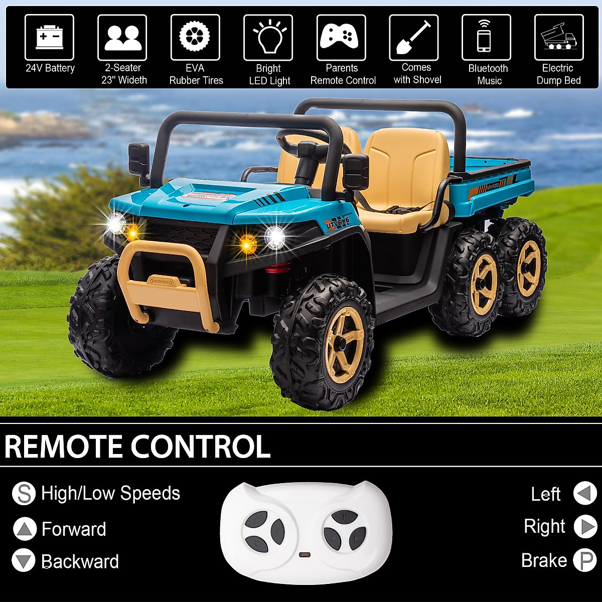 POSTACK 24V 4WD Ride on Dump Truck, 6 Wheels Ride On Car with Remote Control, Side by Side 2 Seater Power 6 Wheels for Big Kids, Ride on Tractor for Toddler with Music, Bluetooth, Blue