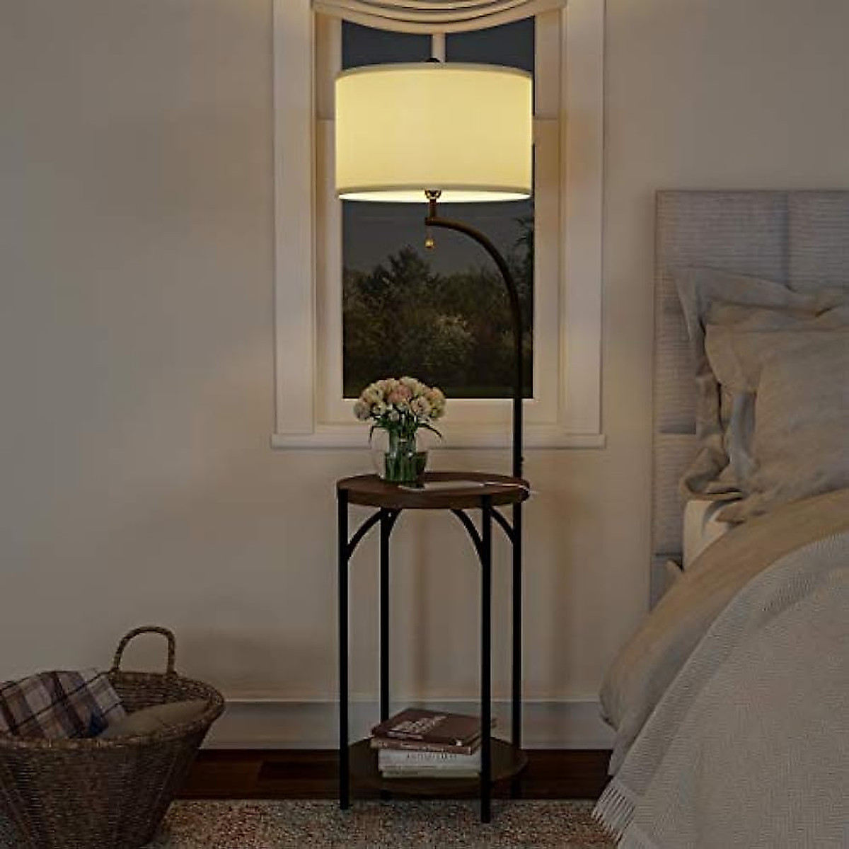 MDYBF Floor Lamp with Table, Modern Rustic Side Table with USB Charging Port, LED Bulb and Drum Shade. (Dark Brown, Black and Off-White)