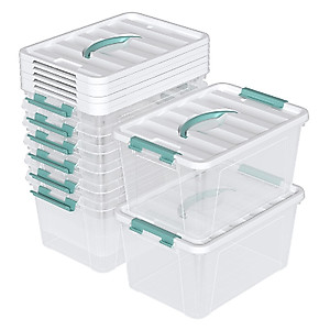 Uumitty 14 Quart Stackable Storage Bin with Latching Lid, Plastic Container Box to Organize Office, Crafts, Clear Base and White Lid, 8-Pack