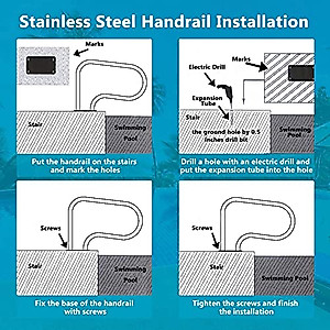 BTZHY Swimming Pool Handrails w/Base Plate 304 Stainless Steel Spa Handrail, Pool Railings for Garden Backyard Pools(1pcs)