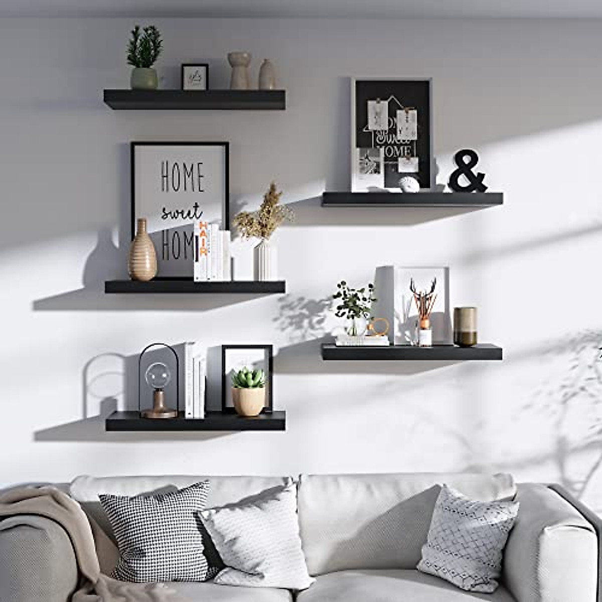 WOPITUES Black Floating Shelves for Wall, 5 Sets Black Wall Shelves for Bathroom with Invisible Brackets, Black Shelves for Wall Decor, Modern Black Shelf for Bedroom, Living Room, Cat Shelves – Black