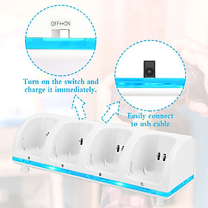 Kulannder Wii Remote Charging Station, 4-in-1 Controller Charger Station with 4 Wii Rechargeable Battery Pack & USB Cable for Wii/Wii U Controller Remote (White)