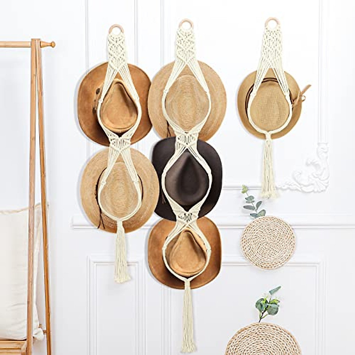 Tondiamo 3 Pieces Boho Hat Hangers Macrame Hat Organizer Wall Hanging Cowboy Hat Rack Decorative Hand Weaving Hat Holder Organizer for Wide Brim and Fedoras Sun Hat Baseball Caps Display, 3 Styles